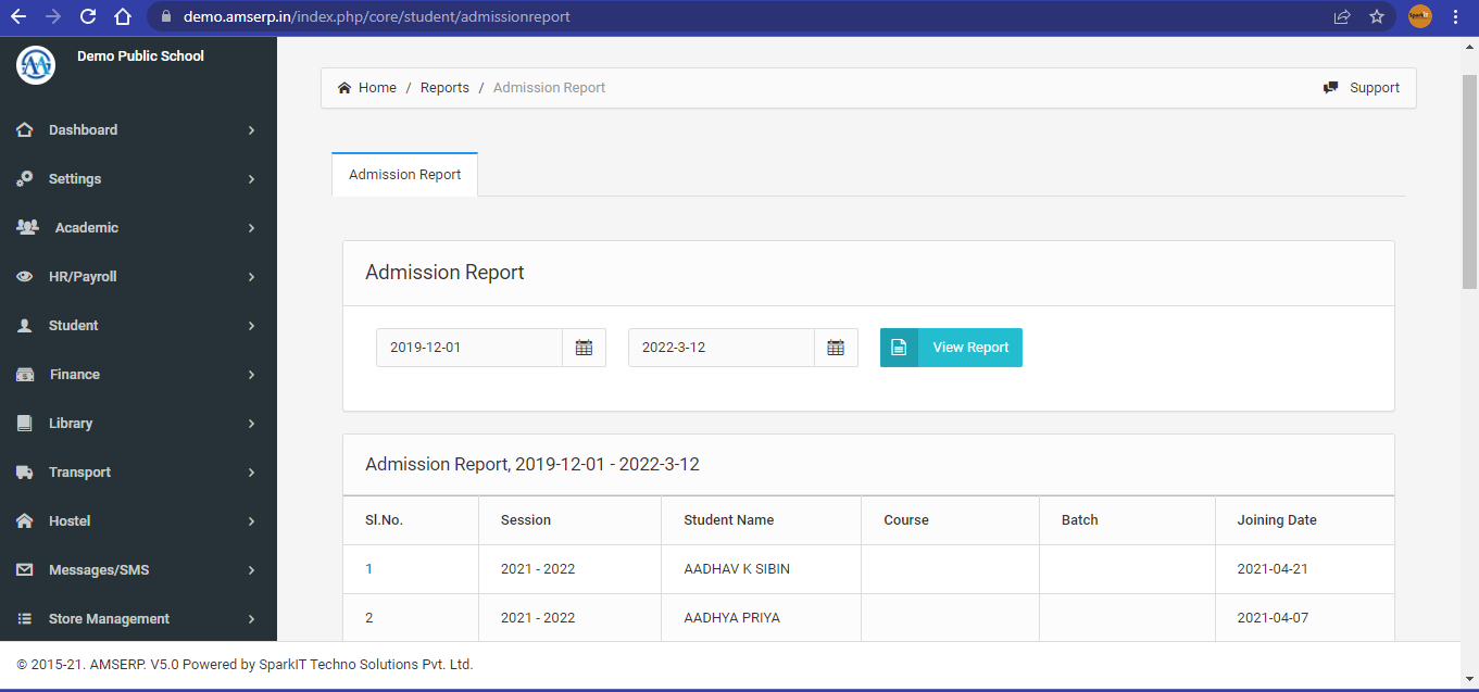 Can we generate admission report from AMSERP – helpdesk