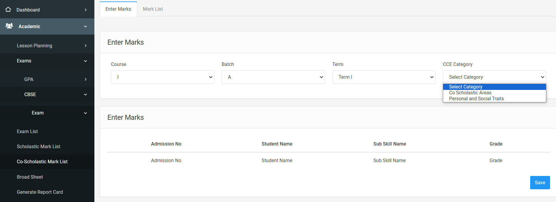 Co-Scholastic Mark Entry – helpdesk